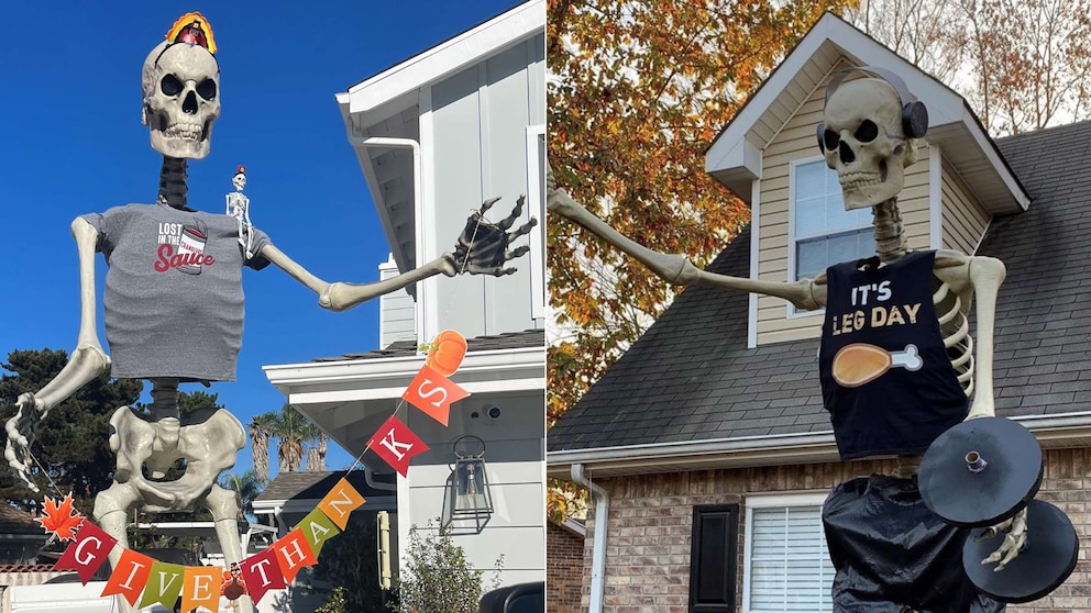 Halloween skeletons get decked out for Thanksgiving - ABC News