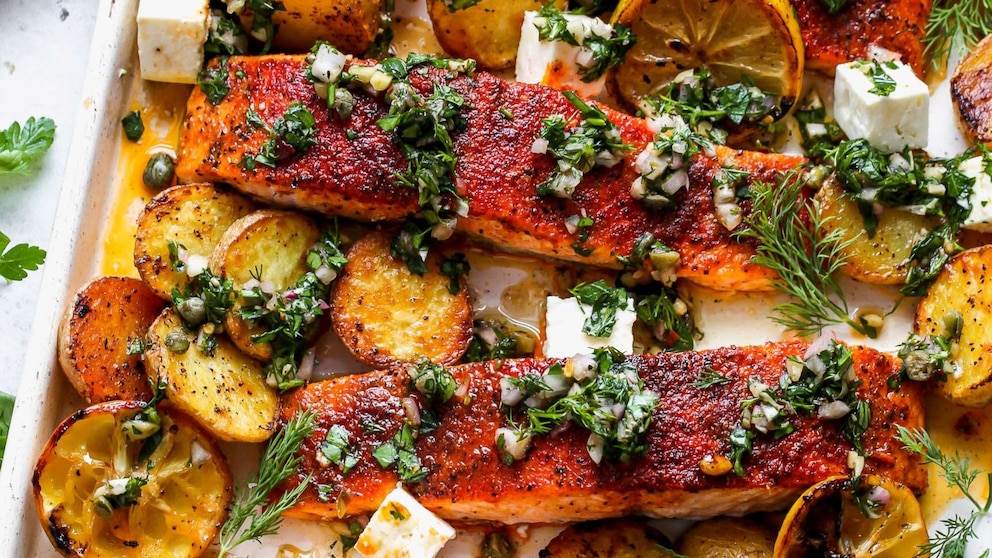 Sheet pan spiced salmon with potatoes and caper chimichurri recipe ...