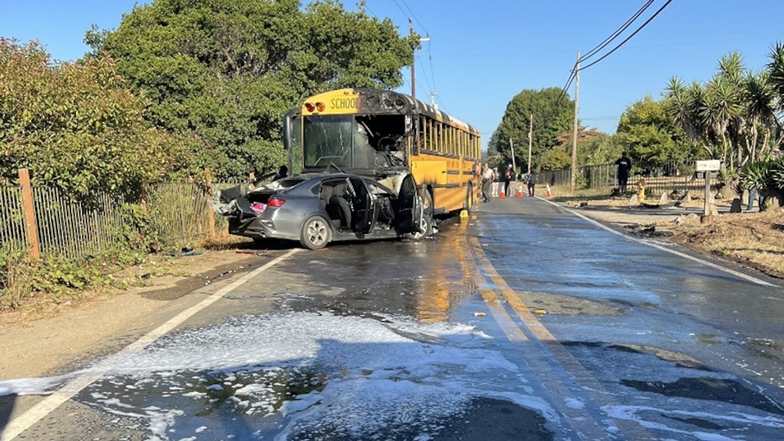 2 injured in fiery, head-on collision involving vehicle, school bus ...