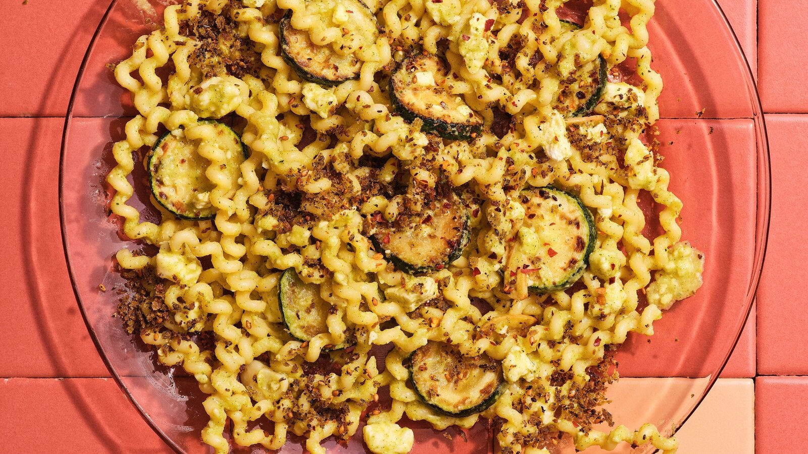 Try this zucchini and feta pasta with special crunchy topping that's ...
